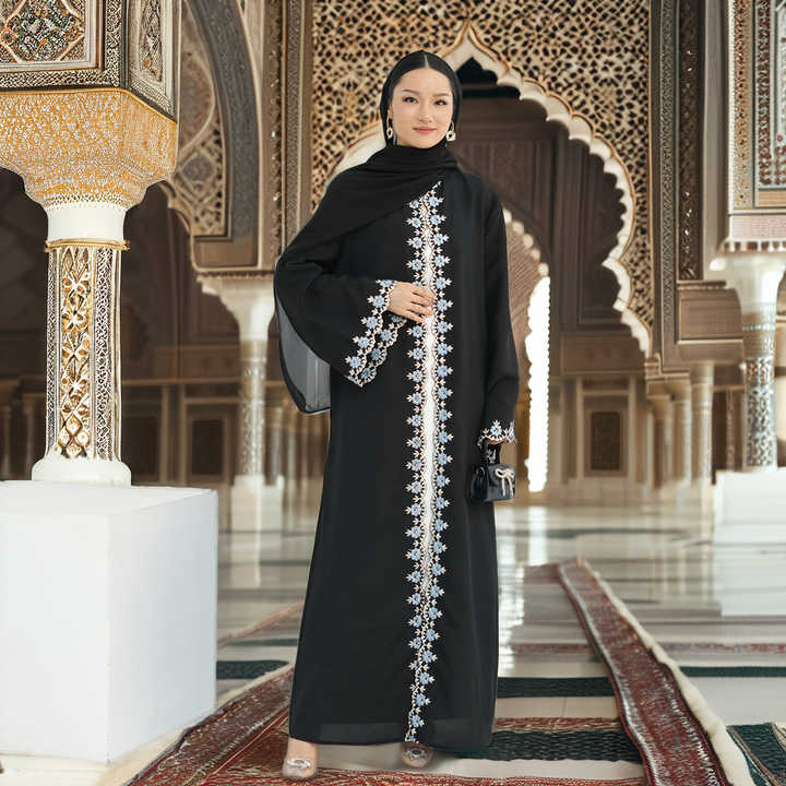 Loriya Elegant Black Abaya With Floral Bloom Embroidery Kimono Abaya Islamic Vestidos Dubai Arab ...