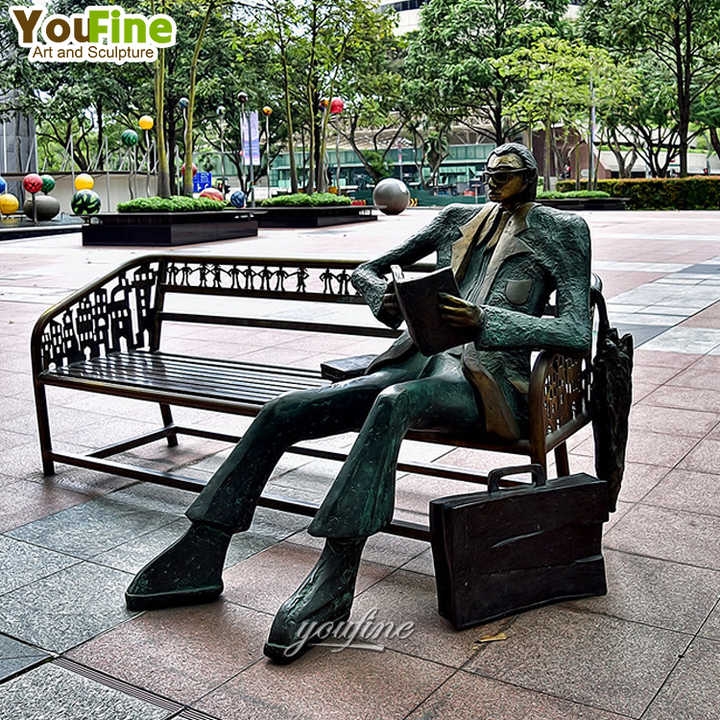 Outdoor Garden Bronze Man Figure Statue - Sitting Bench