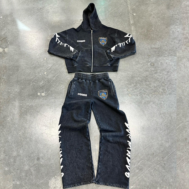 Custom Vintage Cropped Aicd Wash Zip up Hoodie Set for Men