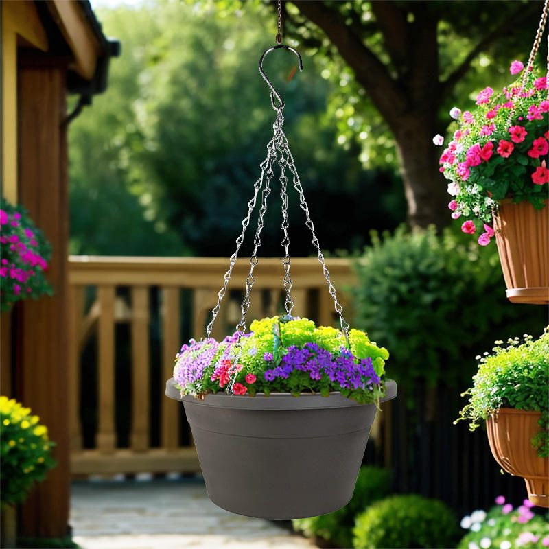 14-Inch Round Plastic Hanging Planter with Chains for Garden Flower Pot ...
