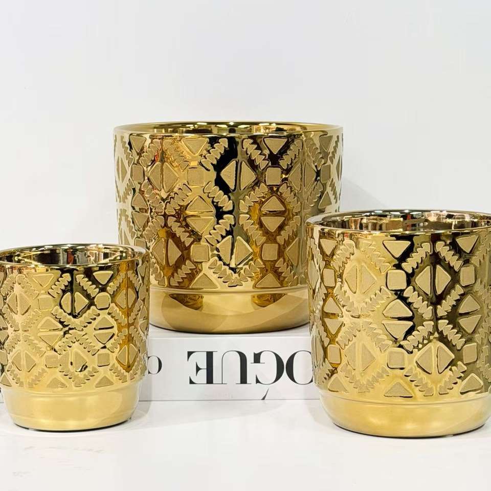 Gold Electroplated Glaze Ceramic Planters Set - Geometric Pattern ...