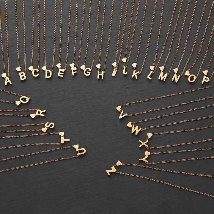 Waterproof 18K Gold Stainless Steel Letter Pendant Necklace Charm Heart ...