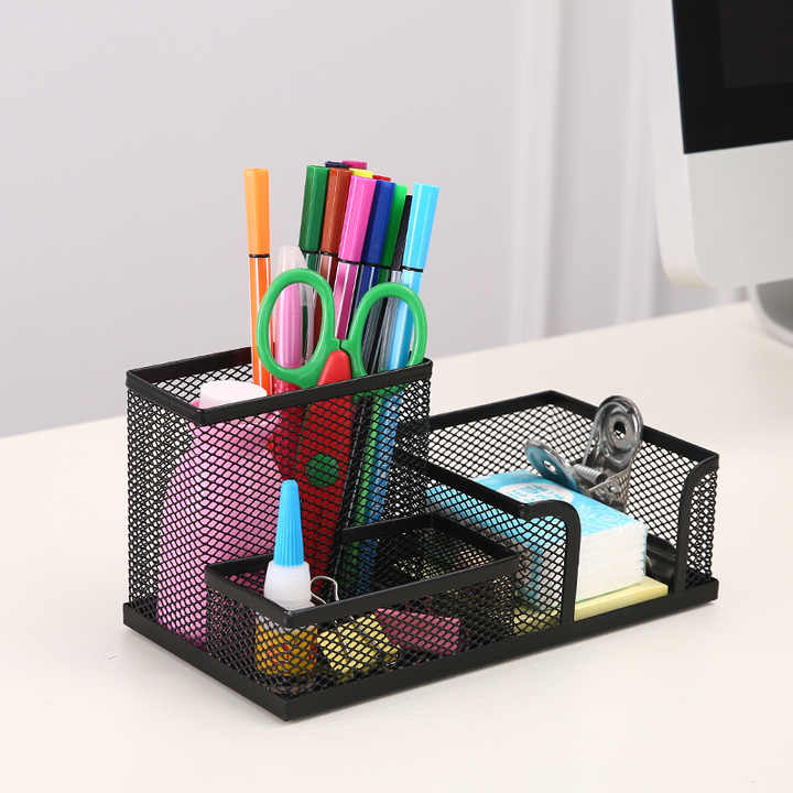 Mesh Desk Organizer Office Supplies Caddy 3 Compartments with Drawer ...