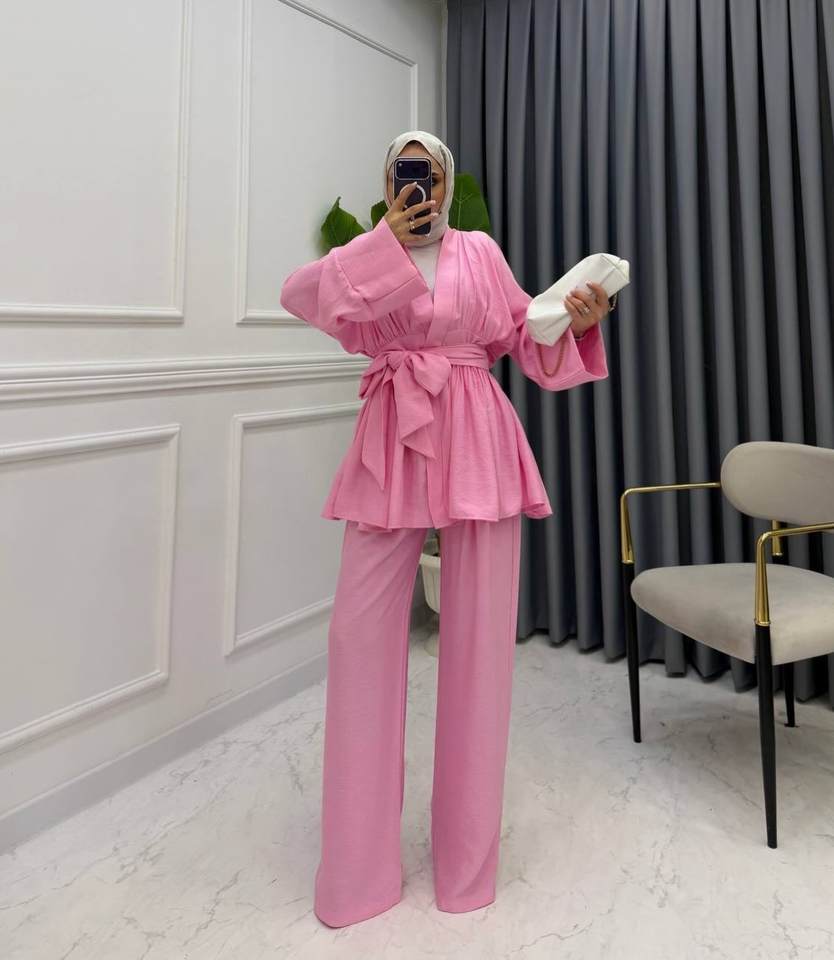 Loriya Custom Elegant Polyester Waist Tie Ruffle Hem Top Wide Leg Pants ...