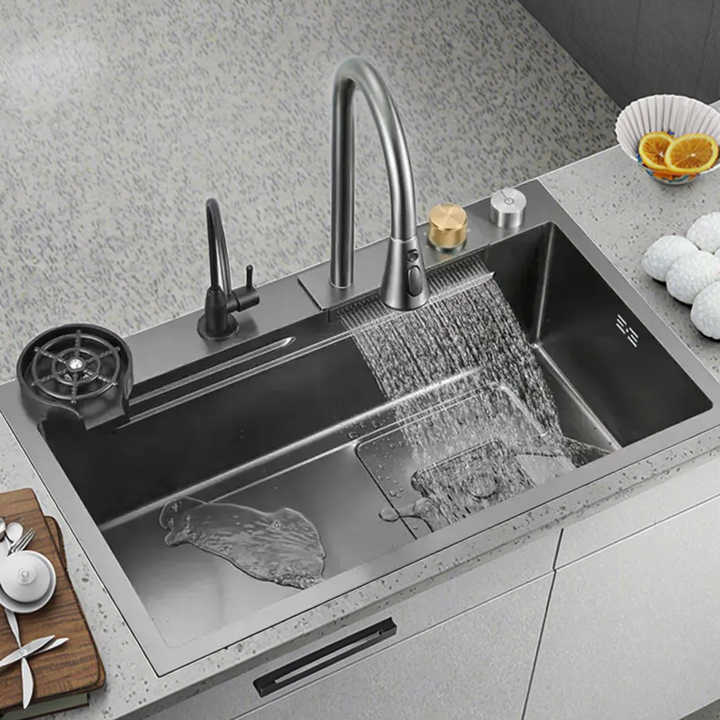 Smart 304 Stainless Steel Kitchen Sink Black LED Waterfall Kitchen Sink ...