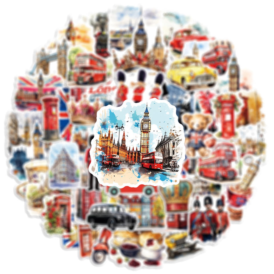 50 PCS Cartoon Watercolor UK London PVC Stickers for Decorative Guitar ...