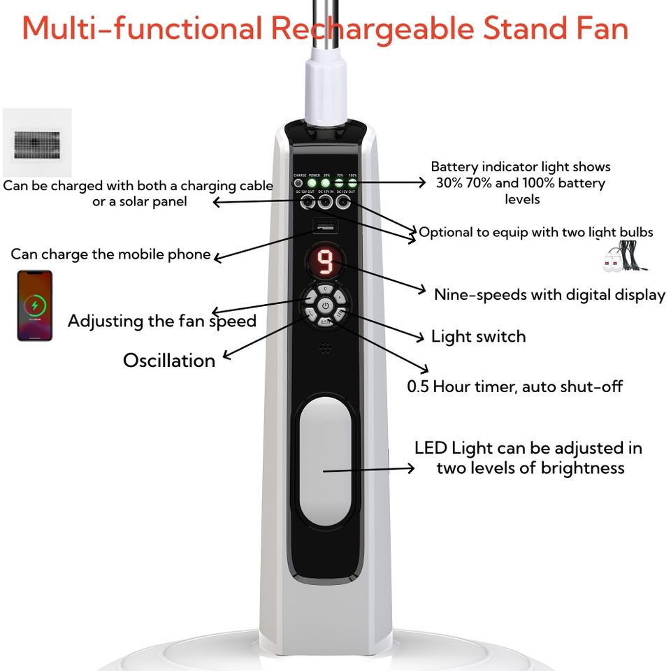 16inch Rechargeable Stand Fan with Remote Control 9 Speeds with Digital ...