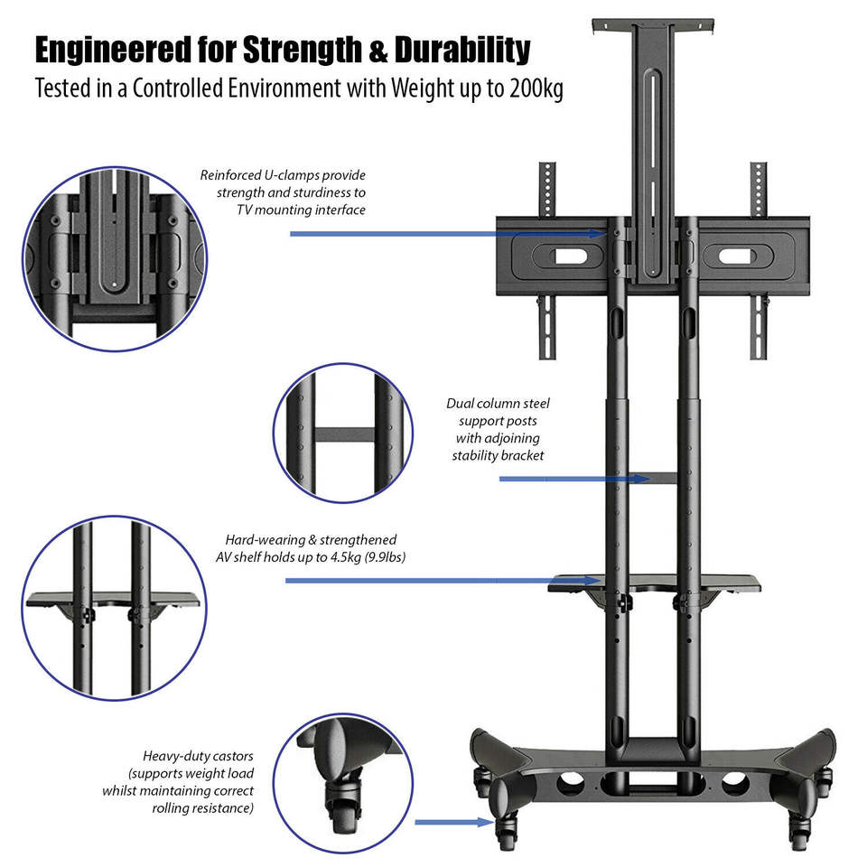 Mobile TV Stand Heavy Duty 100lbs 600x400 VESA Mount Adjustable Height ...