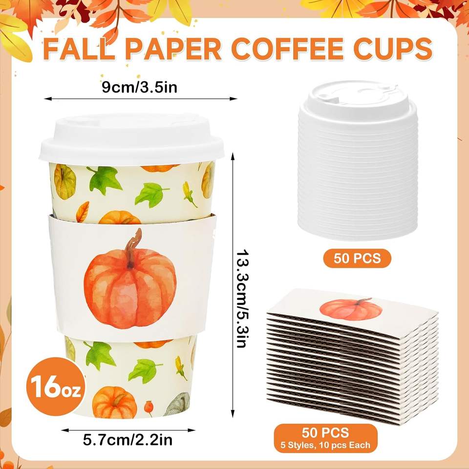 16 oz Biodegradable Fall Themed Disposable Paper Coffee Cups Snap-on ...