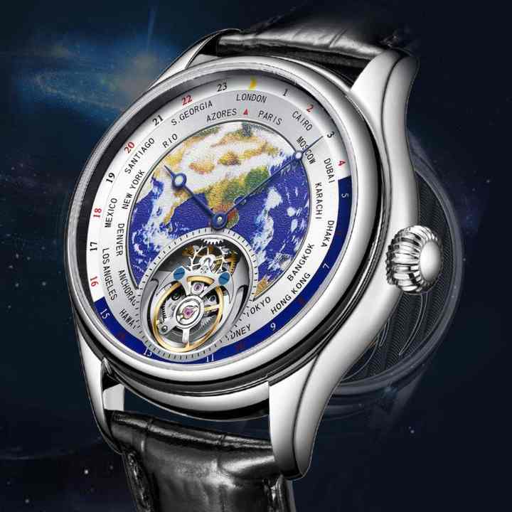 Custom 3D Blue World Map Dial Men's Mechanical Tourbillon Watch with ...
