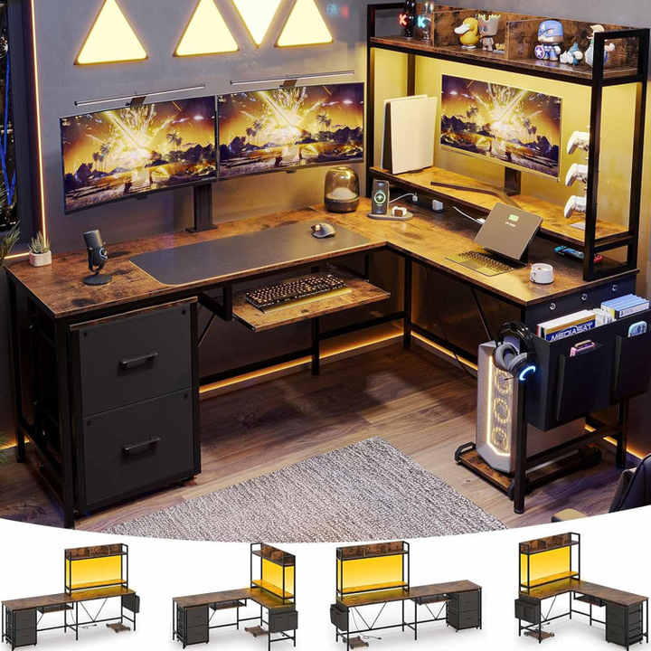 AJUNION Gaming Desk with RGB LED Lights Adjustable L-Shaped Long Table ...