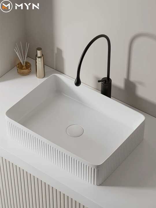 Modern Butter Yellow Groove Flute Design Above Counter Lavabo