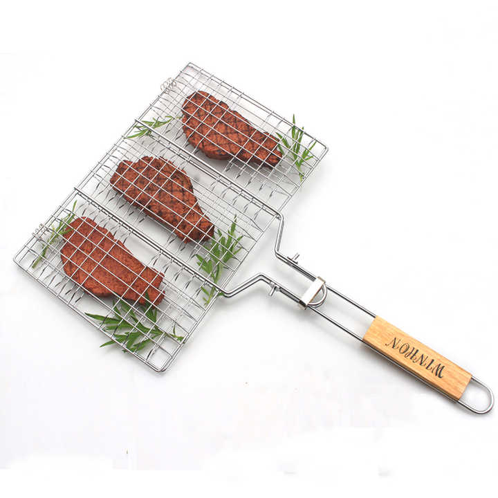 Barbecue Net Wooden Handle BBQ Grill Basket - Stainless Steel