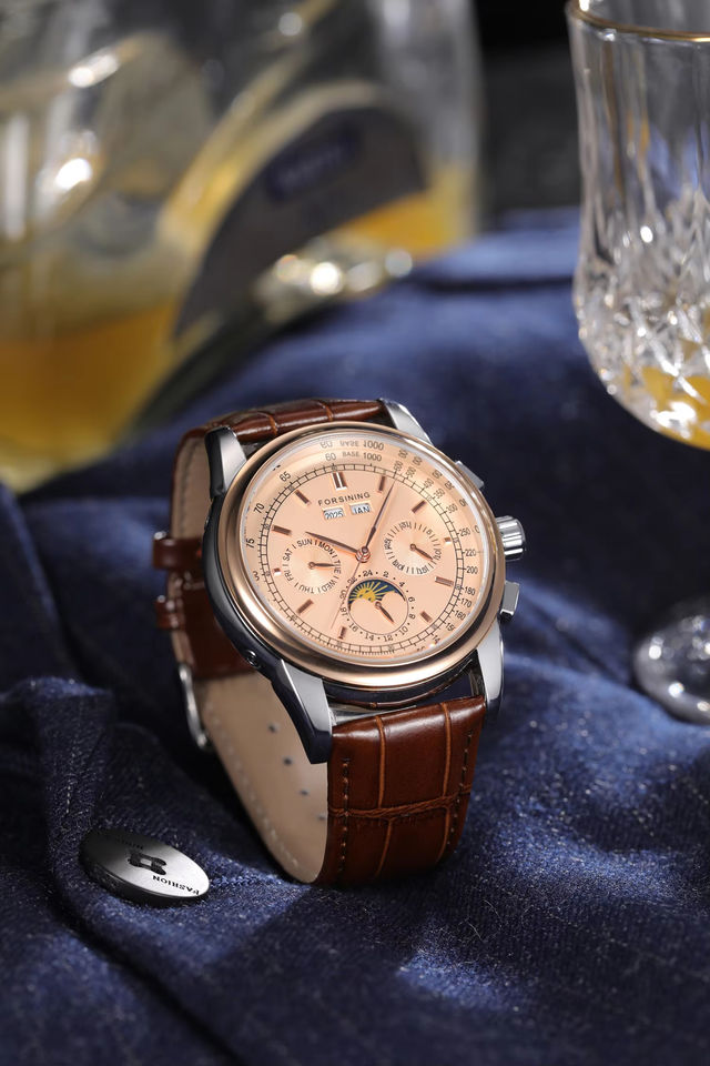 Forsining Moon Phase Shanghai Movement Rose Gold Brown Genuine Leather ...