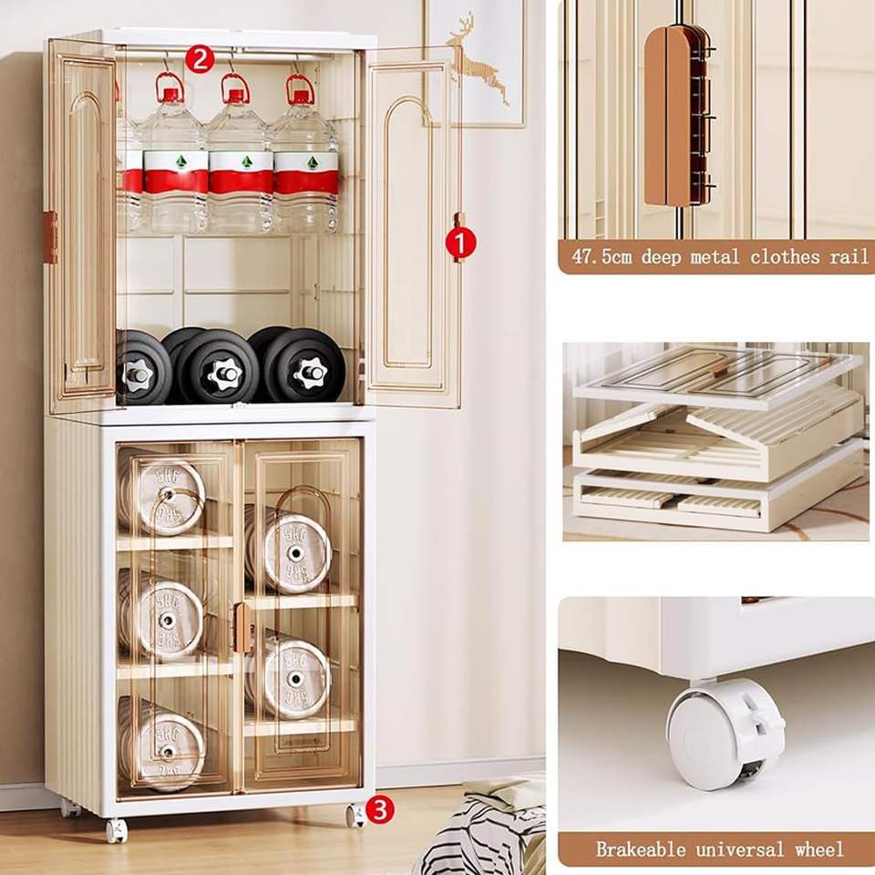 Foldable Plastic Wardrobe Closet with Removable Wheels Hanging Clothes ...
