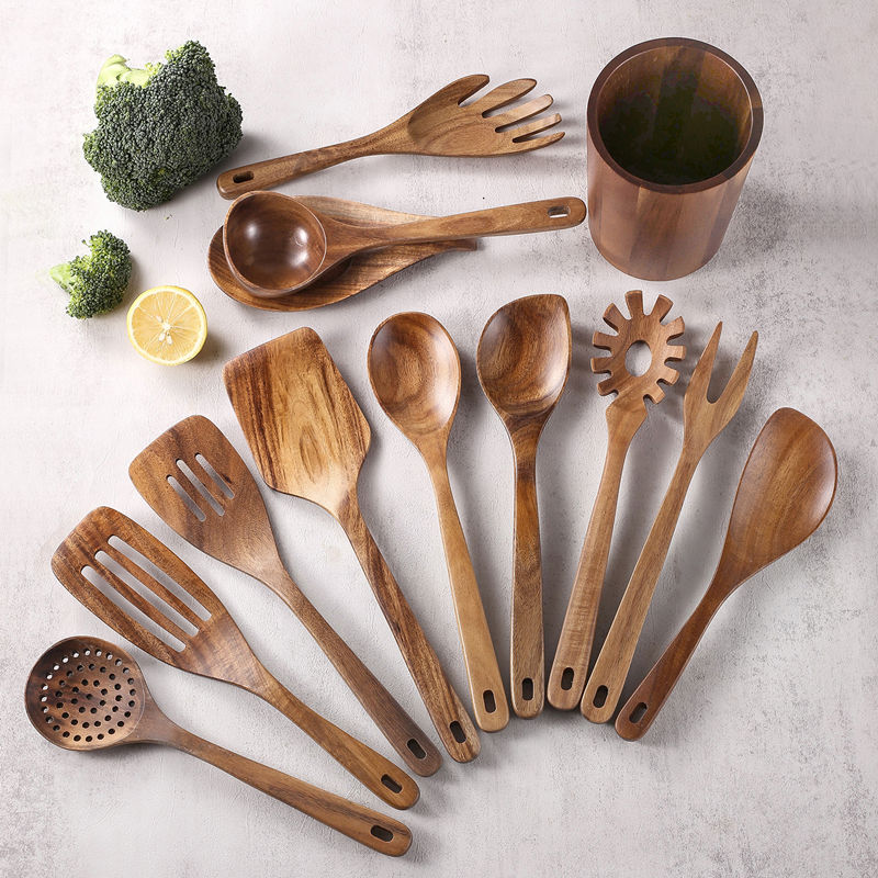 Manjia 12 Pack Kitchen Utensil Set BFLW01 With Holder Natural Wooden ...