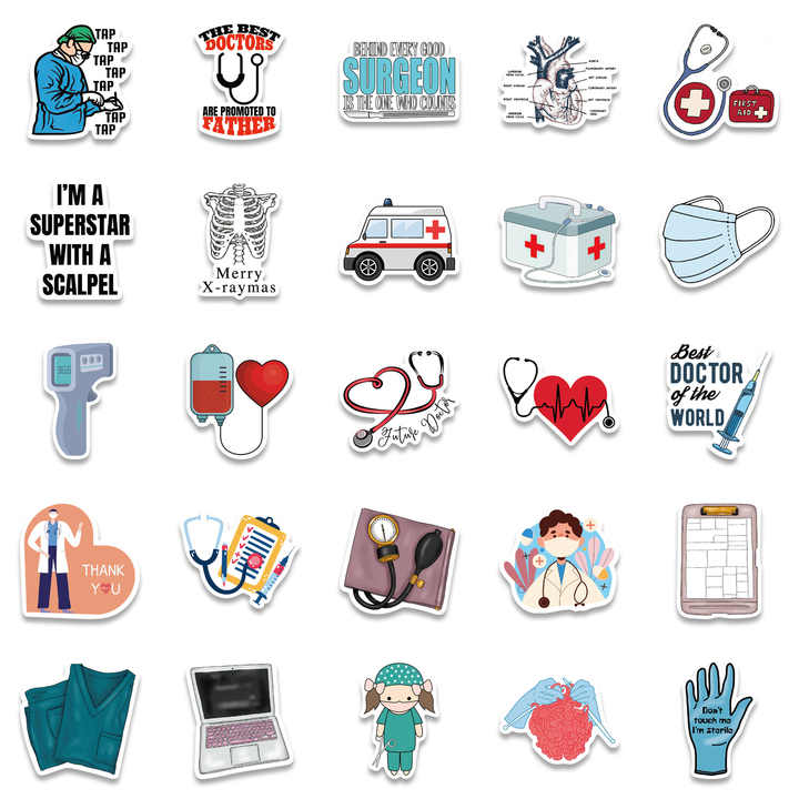 50 Sheet Pack of Cartoon Doctor Doodle Stickers Decorate Suitcases ...
