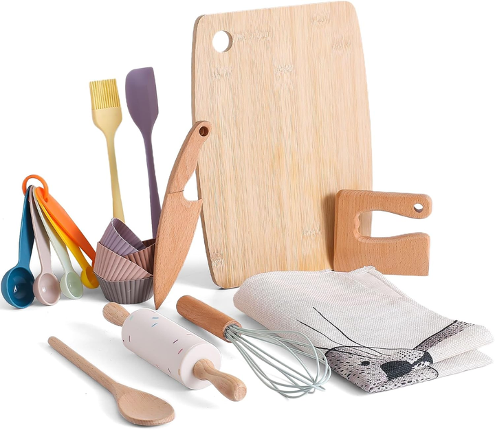 14 PCS Wooden Silicone Kids Cooking & Baking Set for Real Cooking ...