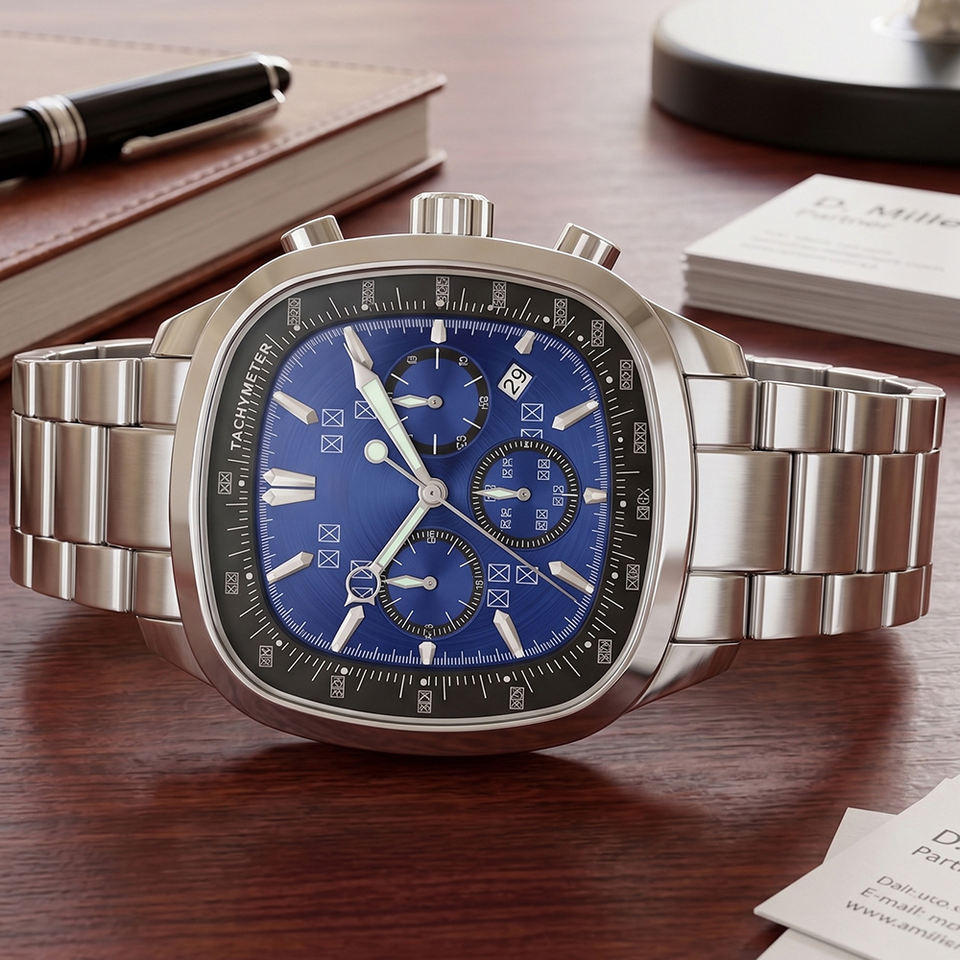 Custom Logo Square Chronograph Men Watch Silver Stainless Steel Band ...