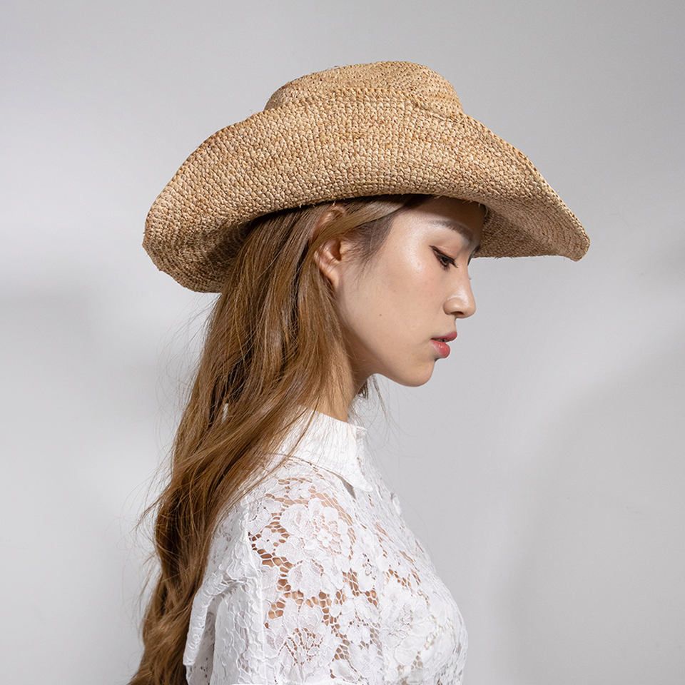 100% Natural Raffia Straw Hat Hand Crochet Western Cowboy Hat with ...