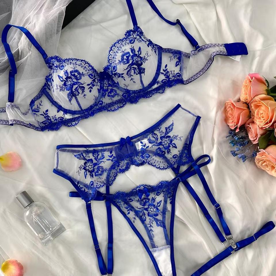 Women's Sexy Lingerie Set with Flower Embroidery Perspective Mesh Lace ...