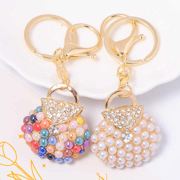 Creative Ladies Cute Pearl Bag Keychains Metal Keyrings Women's Handbag ...