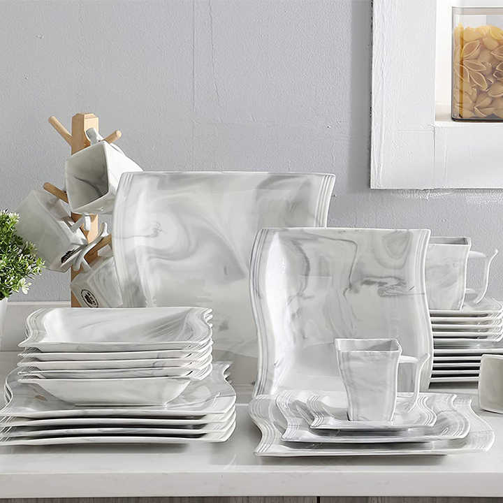 Elegance Wavy-Shaped Design 30 Pieces Marble Dinnerware Set