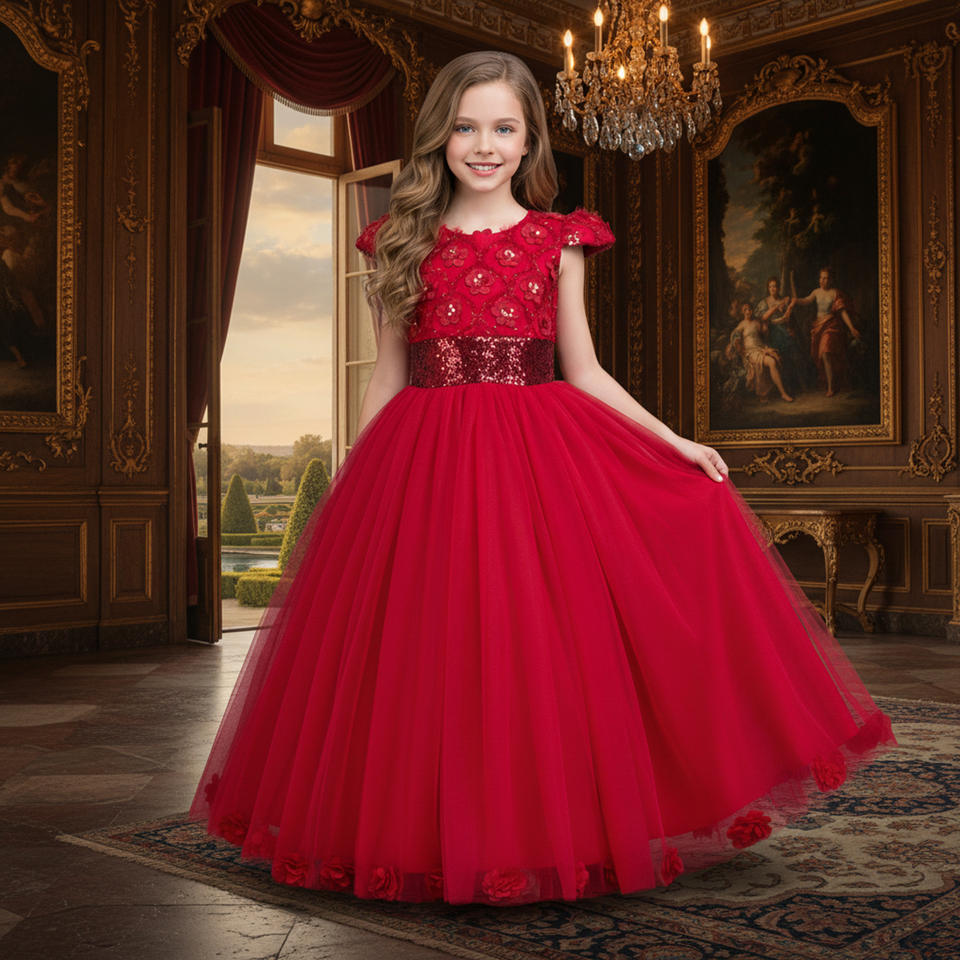 Girls Princess Ball Gown O-Neck Flower Floor-Length Dress for Banquet ...