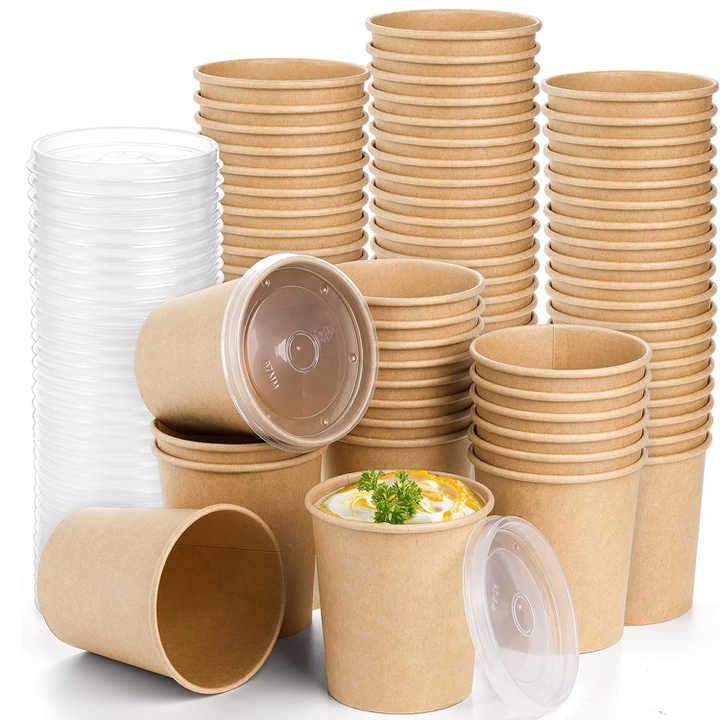 16Oz Disposable Kraft Paper Food Cups Bowl with Lid Paper Soup ...