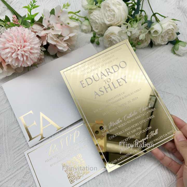 Custom Printing Gold Mirror Acrylic Invitations for Weddings