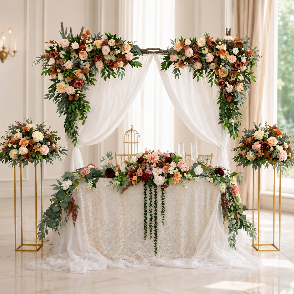 Champagne Rose Artificial Wedding Flower Arrangement Autumn Green Table ...