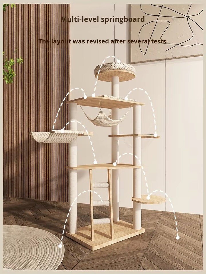 Solid Wood High-Rise Cat Climbing Rack with Jumping Platform Nest and ...