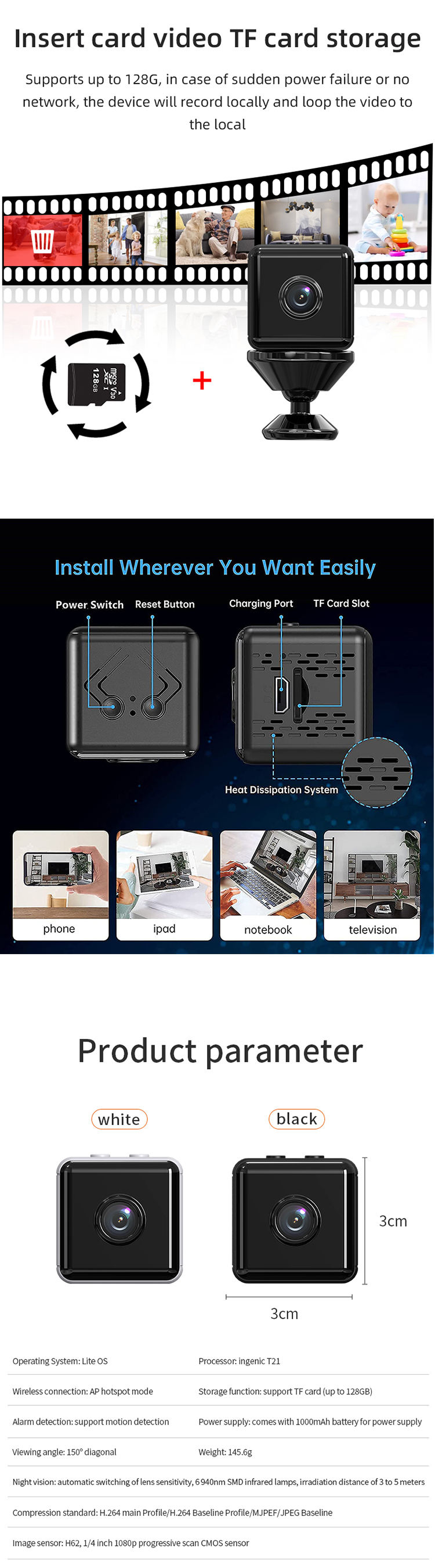 Cube 1080P Night Vision Motion Detection Wifi Camera Nanny Spy Camera ...