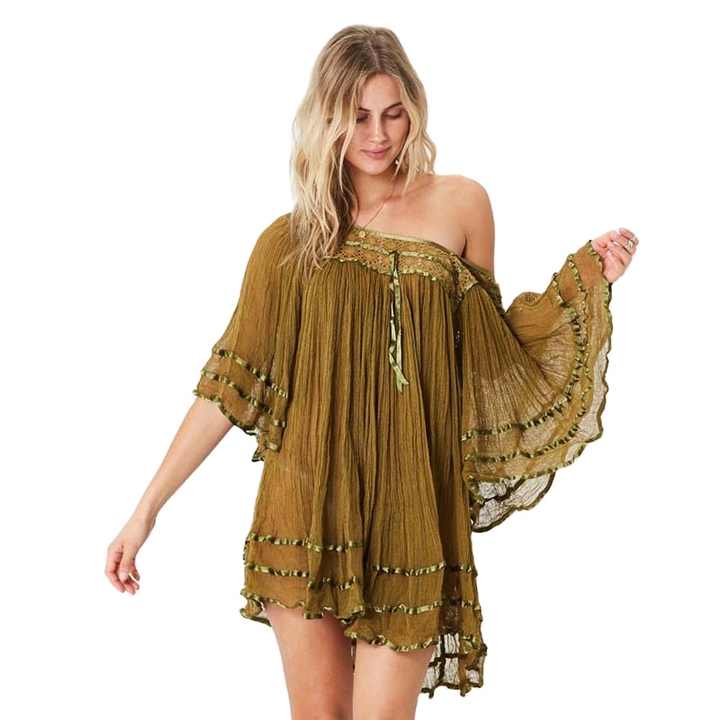 Boho Chic Bat Sleeve Sheer Cotton Tunic - Sustainable Style