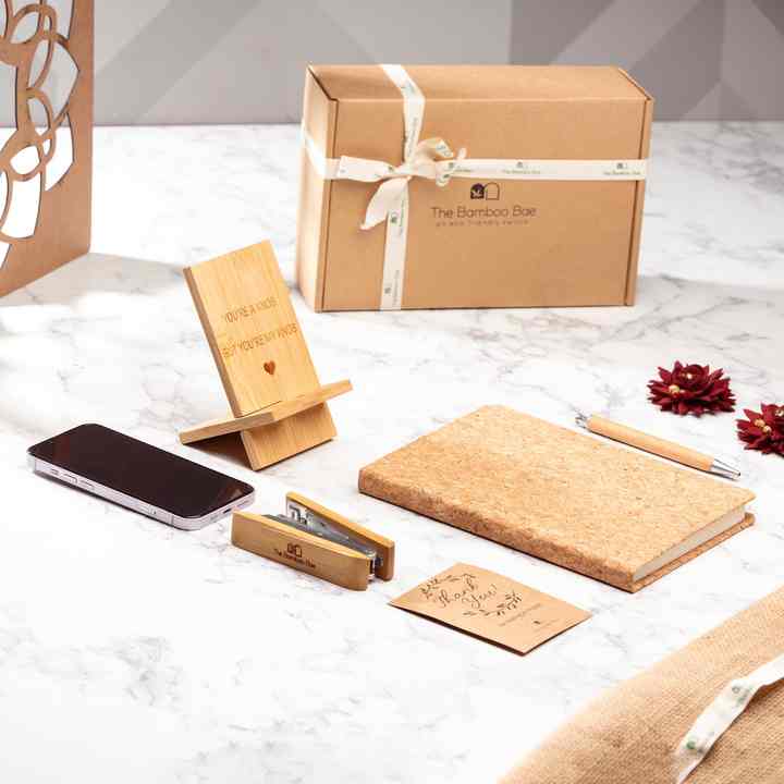Eco Friendly Bamboo Mobile Stand Stapler Pen Essential Workspace Gifts ...
