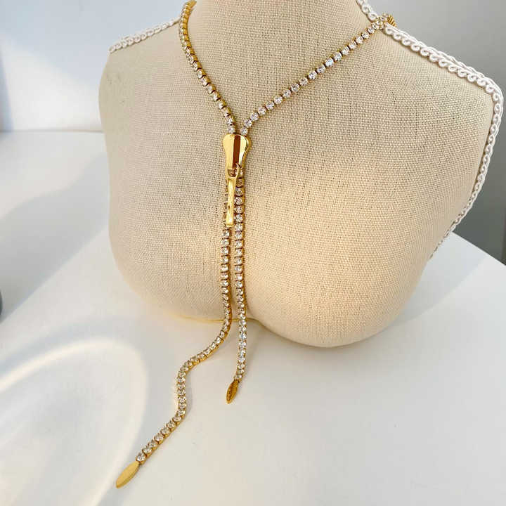 Diamond Inlaid Zipper Tassel Necklace - Trendy Jewelry