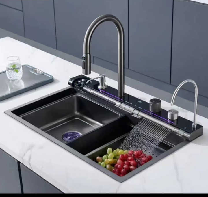 2024 New Modern Design Handmade Stainless Steel Waterfall Kitchen Sink ...