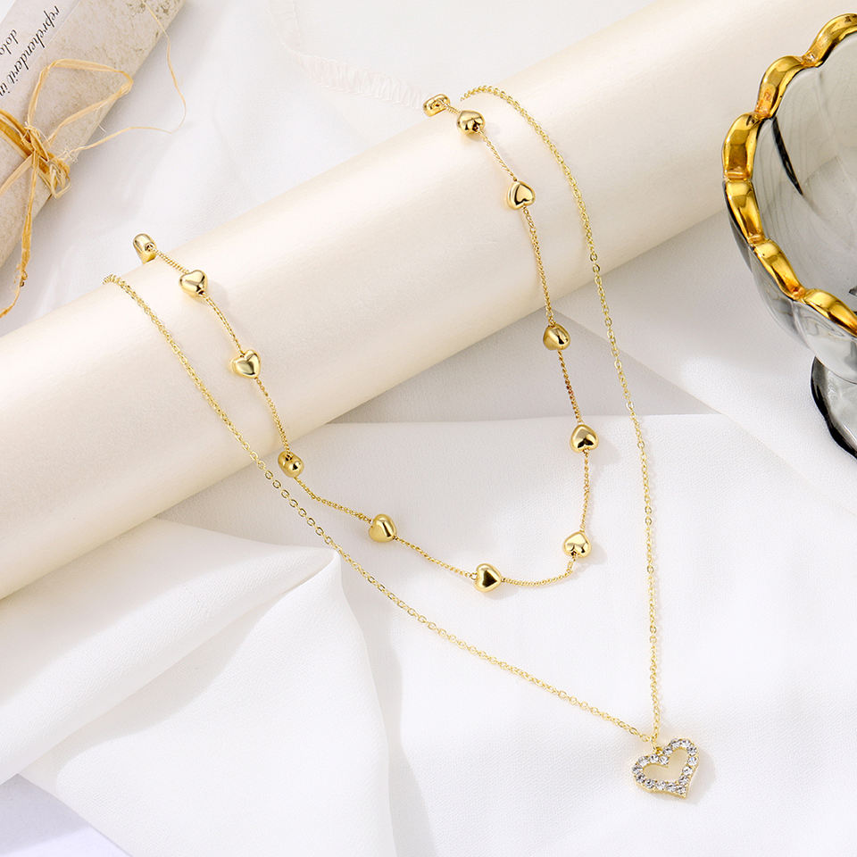 Gold Plated Heart Pendant Necklace with Double Layered Rhinestones