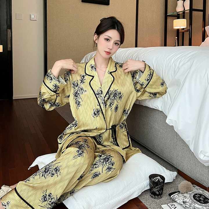 2024 Autumn Women's Silk Pajamas Satin Long Sleeve Pants Two-piece ...