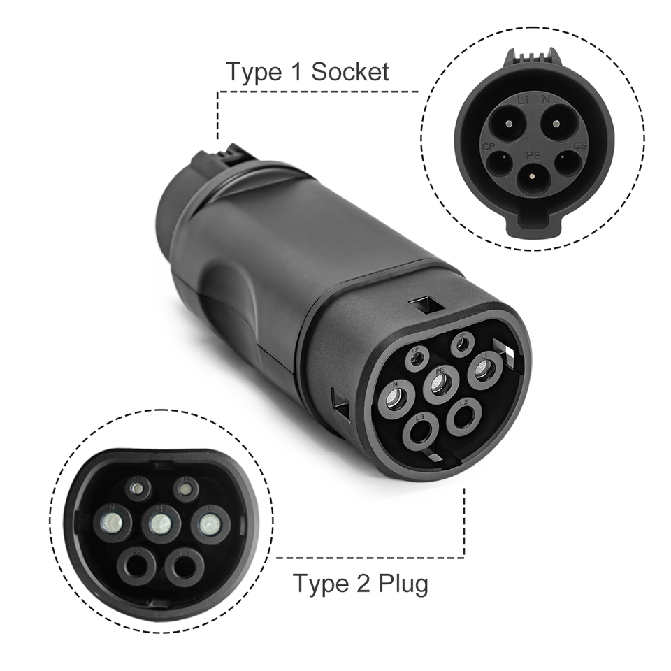 32A Type 1 to Type 2 EV Adaptor 220V T1 Charger to T2 Car Converter for ...