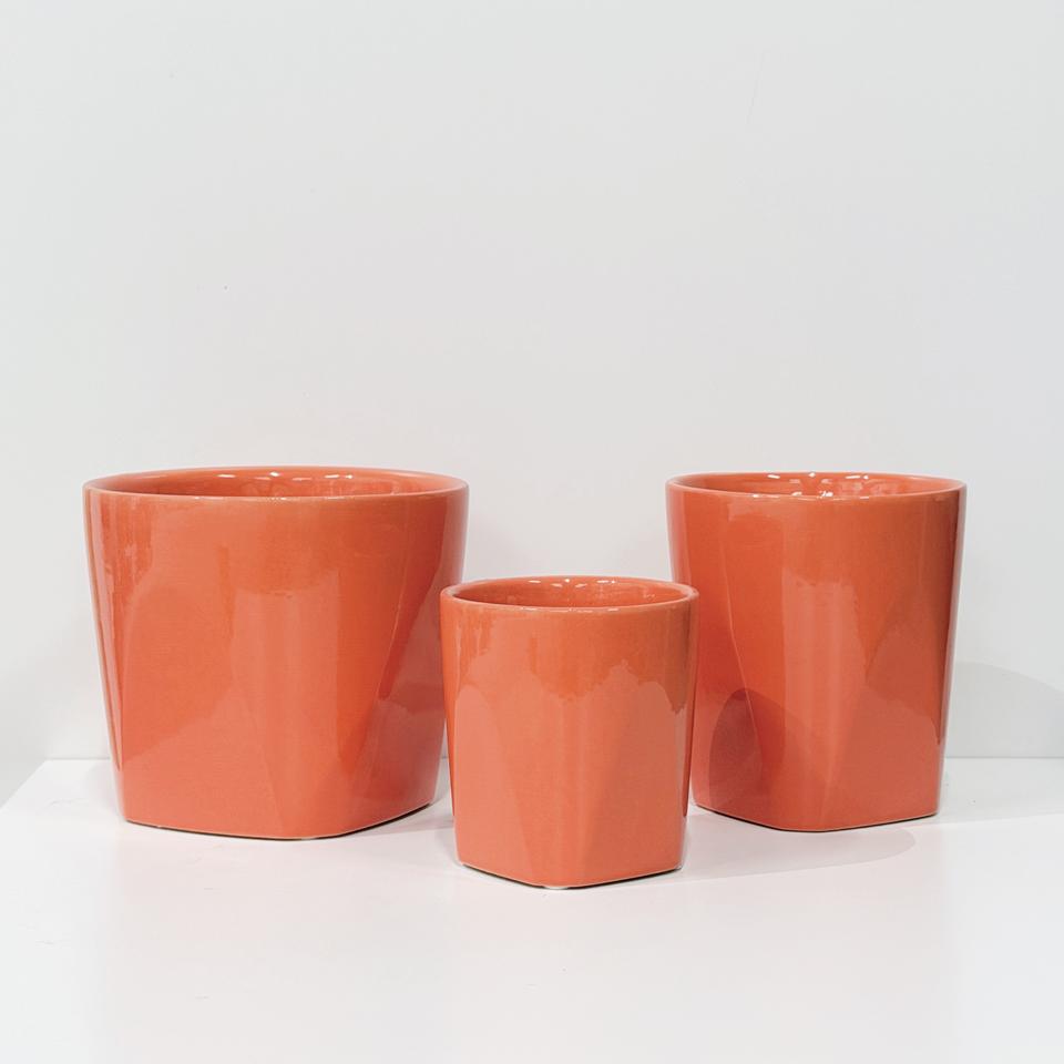 Orange Geometric Faceted Ceramic Planters - Round-Mouth Tapered Indoor ...