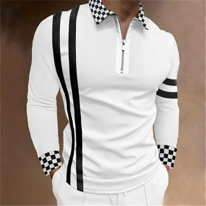 Autumn Fashion Checkerboard Pattern Printed Mens Polos Shirts Half Zip ...