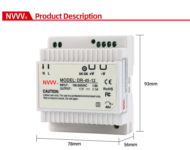 NVVV DR-45w-12v Industrial Power Supply AC to DC 45W SMPS DIN Rail 12v ...