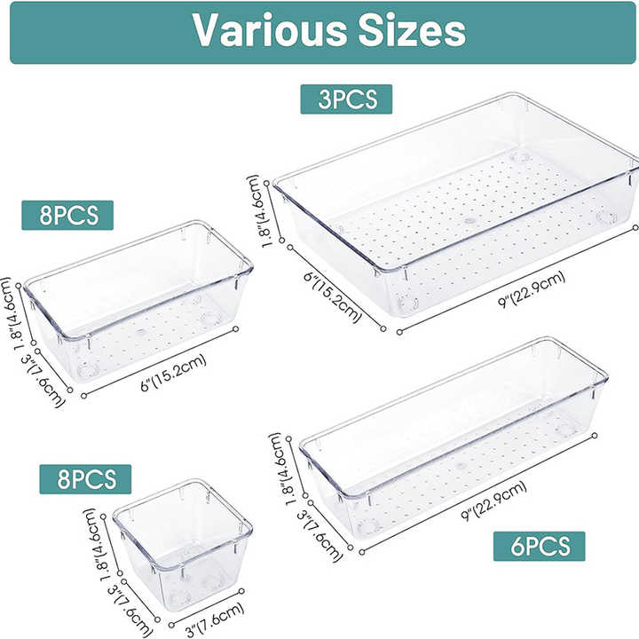 25 PCS Clear Plastic Drawer Organizers Set 4-Size Versatile Bathroom ...