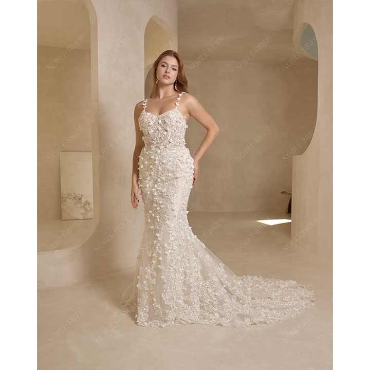 New 2025 Sheath Fitted Trumpet Bridal 3D Lace Appliques Wedding Dresses ...