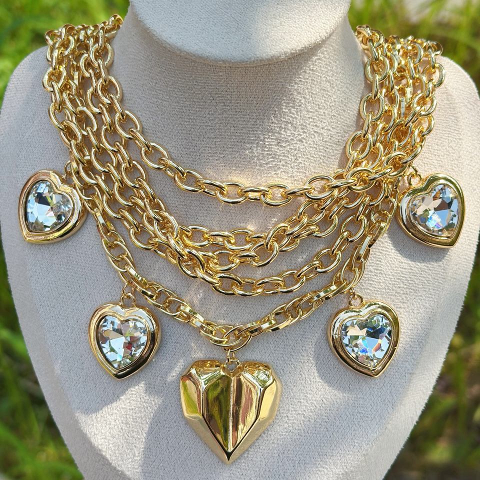 Trendy Classic Golden Love Heart Pendant Multi-Layer Necklace Exquisite ...