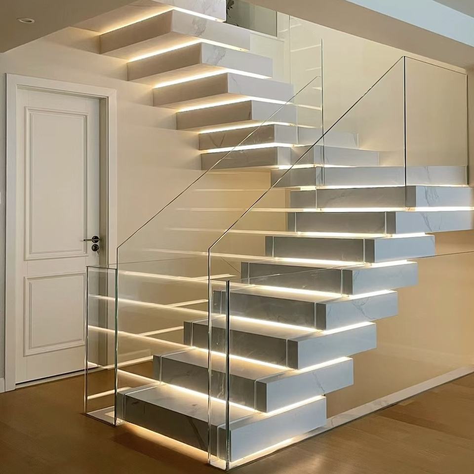 U Shape Straight Staircase Indoor Modern Solid Wood & Tempered Glass ...