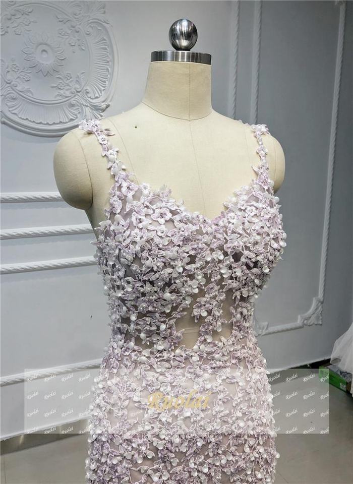 Ruolai OEV-L4293 Spaghetti Strap 3D Flowers Beaded Crystal Mermaid Long ...