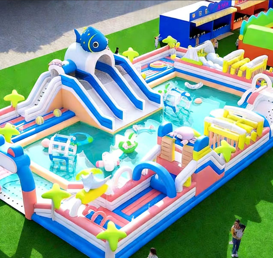 Inflatable Fish Themed Water Park Multi-Slides Obstacle Course ...