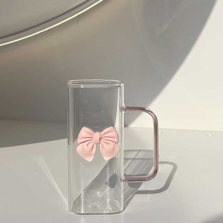 Hot Transparent Simple Square Water Cup Bow With Handle Glass Straw Cup ...